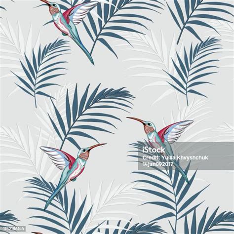 벌 새와 야자수 잎 아름 다운 원활한 벡터 꽃 여름 패턴 배경입니다 배경 화면 웹 페이지 배경 표면 질감 섬유에 대 한 완벽 한 0명에 대한 스톡 벡터 아트 및 기타 이미지