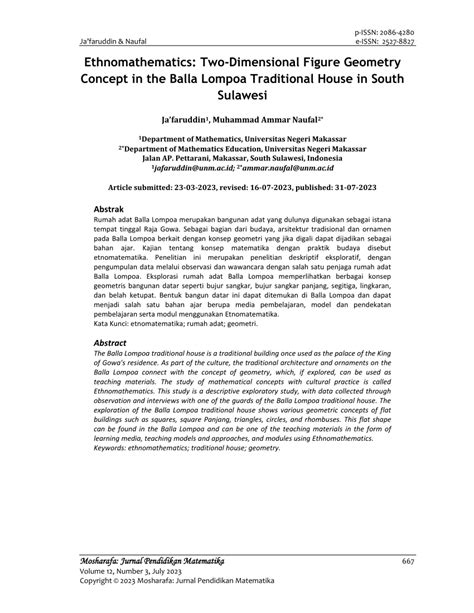 Pdf Ethnomathematics Two Dimensional Figure Geometry Concept In The Balla Lompoa Traditional