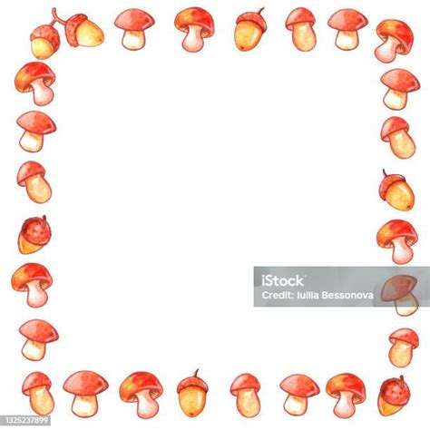 식용 버섯과 도토리로 만든 사각형 프레임 수채화 손으로 그린 템플릿 가을 디자인 추수 감사절 포장 인사말 카드 어린이 인쇄 배경 0명에 대한 스톡 벡터 아트 및 기타 이미지
