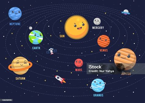 귀여운 태양계 디자인 평면 디자인 만화 스타일의 태양계의 일러스트 벡터 그래픽 아이들이 배우는 태양 광 시스템 포스터 디자인 공간 아이들 0명에 대한 스톡 벡터 아트 및