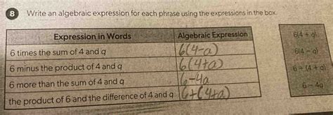Solved 8 Write An Algebraic Expression For Each Phrase Using The Expressions In The Box 64q