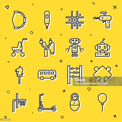 리본 퍼즐 조각 장난감 로봇 박하 사탕 발가락 게임 새총 유모차 활 및 아이콘이 있는 라인 풍선을 설정합니다 벡터 0명에 대한