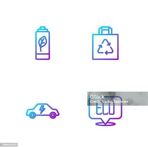세트 라인 리프 에코 기호 전기 자동차 자연 잎 배터리 및 재활용 쇼핑 백 그라데이션 색상 아이콘입니다 벡터 교통수단에 대한