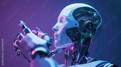 futuristic humanoid robot in a purple and blue neonlit background