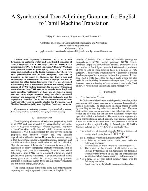 Pdf A Synchronised Tree Adjoining Grammar For English To Tamil
