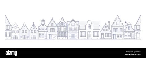 European Houses Seamless Border Deutsch Buildings Row Pattern Street Of The City In Outline
