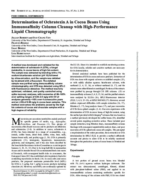Pdf Determination Of Ochratoxin A In Cocoa Beans Using Immunoaffinity