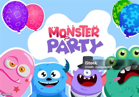 몬스터 파티 생일 벡터 배너 템플릿 외계인 악마와 축하 디자인을위한 파티 풍선 요소와 오징어 같은 소름 생물 캐릭터와 공백에서