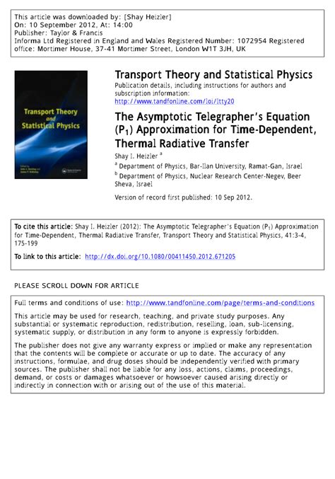 Pdf The Asymptotic Telegraphers Equation P1 Approximation For Time Dependent Thermal