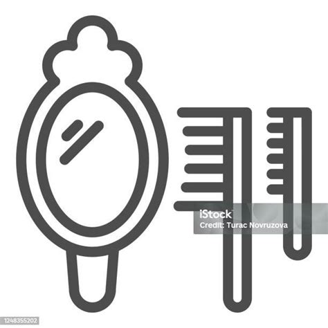 거울과 빗 라인 아이콘 뷰티 살롱 개념 흰색 배경에 거울 기호헤어 스타일리스트 헤어 브러시 모바일 및 웹을위한 개요 스타일의 미용사 장비 아이콘 벡터 그래픽입니다 0명에