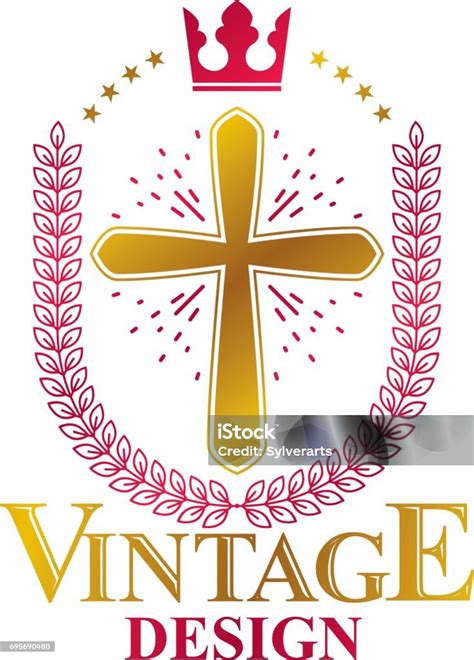 기독교 십자가 골든 로얄 크라운 및 월계관 화 환으로 만든 엠 블 럼 팔의 문장 학 외 투 장식 벡터 일러스트입니다 종교와 영