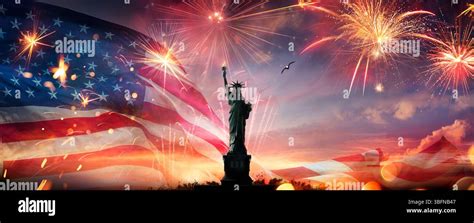 Independence Day Celebration 4th July Usa Flag With Fireworks And