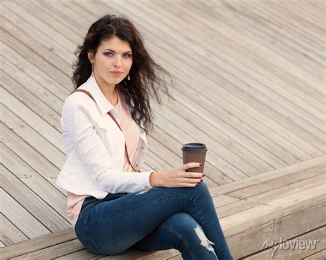 Beautiful Tall Girl With Long Hair Brunette In Jeans Standing Canvas