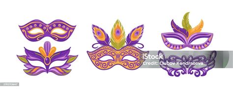 화려한 깃털로 장식 된 화려한 카니발 마스크 세트 마디 그라의 축제 축하 스티커 카드 디자인 요소에 대한 평면 스타일의 벡터 일러스트 레이 션 Mardi Gras에 대한