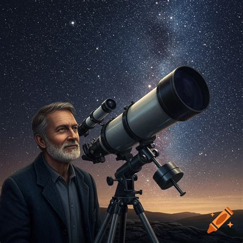 An Astronomer Looks Through A Telescope At A Starry Night Sky Over A