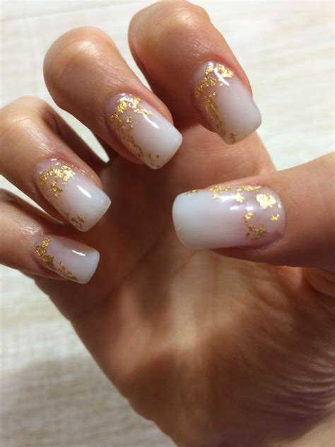 Milky White Gel Nails With Gold Foil Gold Nails White Gel Nails Gel