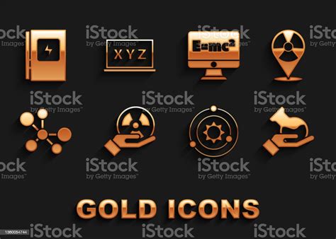 방사성 위치 테스트 튜브 및 플라스크 태양 광 시스템 분자 방정식 용액 전기 패널 및 Xyz 좌표 아이콘을 설정합니다 벡터 3