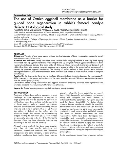 Pdf The Use Of Ostrich Eggshell Membrane As A Barrier For Guided Bone Regeneration In Rabbits
