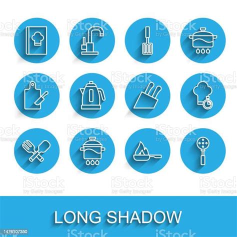 세트 라인 교차 포크와 숟가락 요리 냄비 요리 책 프라이팬 주걱 전기 주전자 요리사 모자 및 칼 아이콘 벡터 그림자에 대한 스톡 벡터 아트 및 기타 이미지 Istock