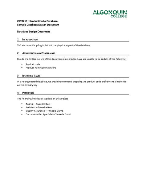 Cst8215 Sample Database Design Document Cst8215 Introduction To