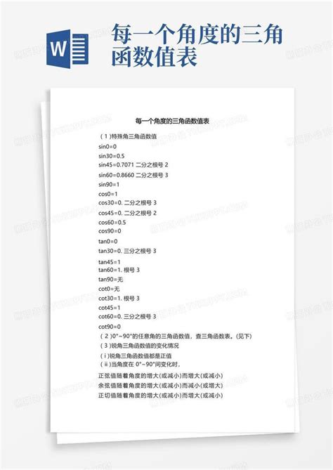 每一个角度的三角函数值表word模板下载 编号lnjgnxby 熊猫办公