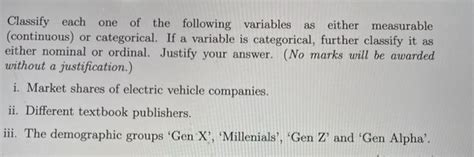 solved classify each one of the following variables as