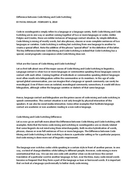 Difference Between Code Mixing And Code Switching Pdf Cultural