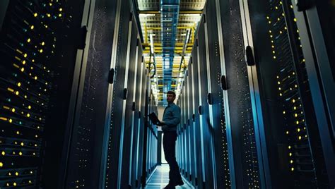 Man Walking Between Illuminated Server Racks In A Data Center Premium