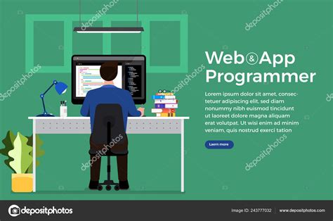 Illustration Flat Design Concept Web Application Designer Programmer Sitting Working Stock