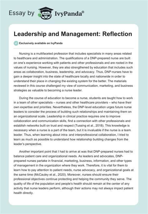 Leadership And Management Reflection 587 Words Essay Example