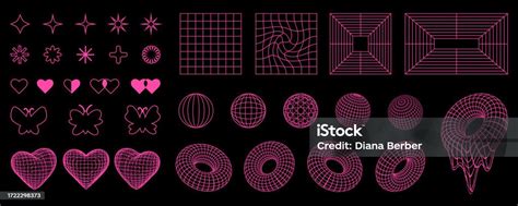 복고풍 Y2k 모양과 3d 와이어프레임 그리드 기하학적 형태 2000년대 미적 스타일의 핑크 네온 미친 디자인 요소 디자인