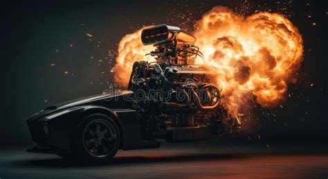 Explosive V8 Engine Power And Flames In Dark Environment Stock Image