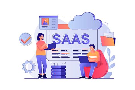 Saas 컨셉과 사람 장면 여성과 남성은 소프트웨어를 서비스 프로그램 데이터 센터 및 클라우드 기술에 대한 온라인 구독으로