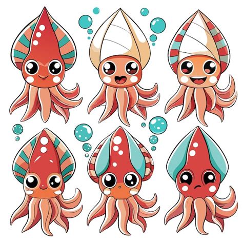 Cute Cartoon Squids With Various Expressions And Bubbles Premium Ai Generated Vector