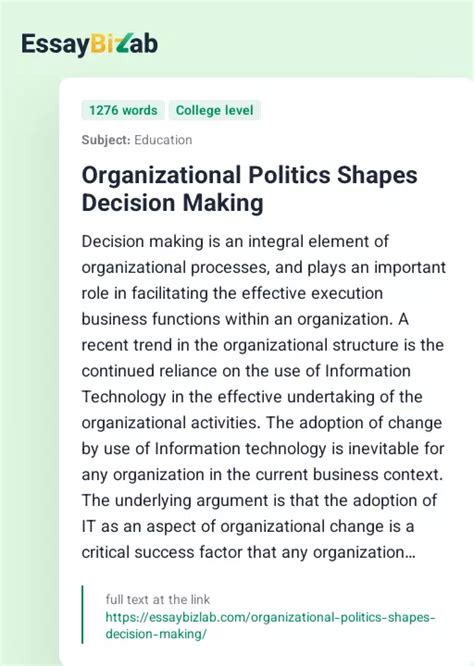 Organizational Politics Shapes Decision Making Business Essay Example