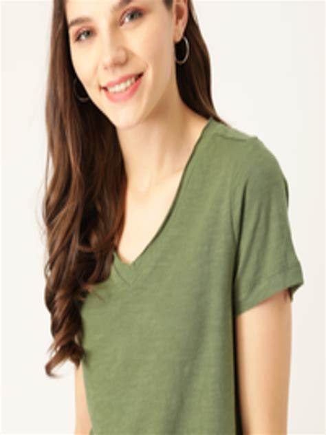 Buy Dressberry Women Olive Green Pure Cotton Solid V Neck T Shirt