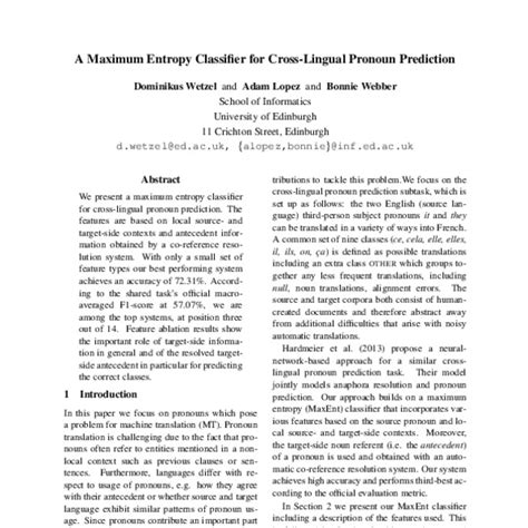 A Maximum Entropy Classifier For Cross Lingual Pronoun Prediction Acl Anthology