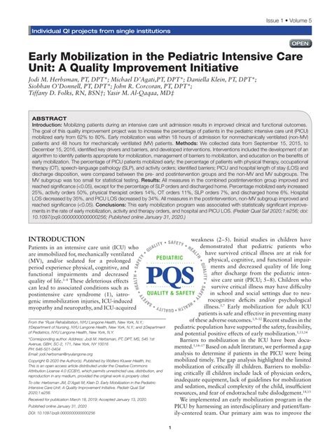 Pdf Early Mobilization In The Pediatric Intensive Care Unit A Quality Improvement Initiative