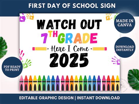 7th Grade First Day Of School Sign 2025 Photo Prop Canva Edit