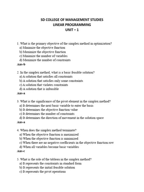 Linear Programming Mcq Ques Unit 1 Pdf Mathematical Optimization