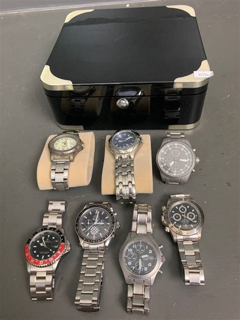 Ebonised Timber Watch Box 7 Asstd Mens Watches