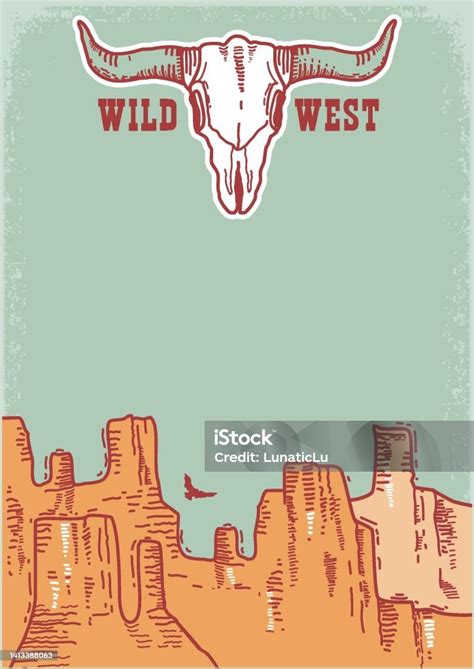애리조나 사막 풍경과 버팔로 두개골과 텍스트가있는 와일드 웨스트 포스터 벡터 빈티지 손으로 그린 미국 색상 일러스트 레이 션 오래된 종이 질감 배경 로데오에 대한 스톡 벡터