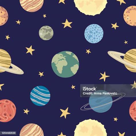 평평한 스타일로 태양계 행성의 벡터 원활한 패턴 만화 유치한 태양계 귀여운 사랑스러운 태양 지구 수은 금성 토성 해왕성 화성 목성 천왕성 행성에 대한 스톡 벡터 아트 및