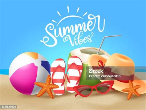 여름 벡터 배너 디자인 해변 바다 배경에서 해변 공 모자 선글라스 플립 플롭 코코넛과 불가사리와 같은 여름 휴가 열대 요소와 텍스트를 인사하는 여름 분위기 0명에 대한 스톡