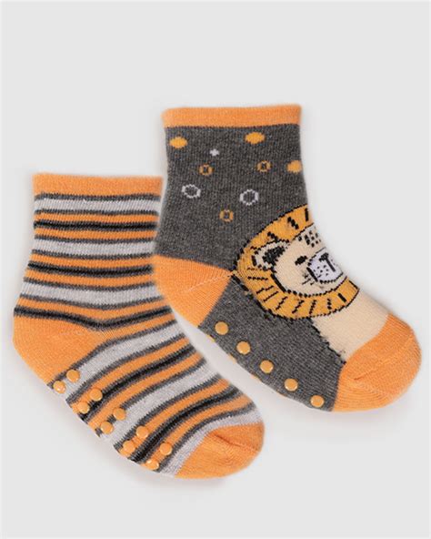 Kit 2 Meias Infantil Menino Cano Médio Antiderrapante Cinza Claro Laranja