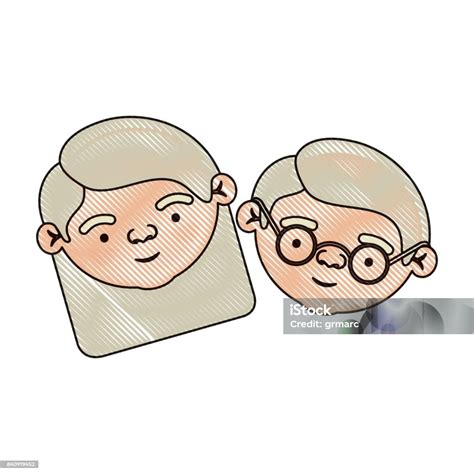 바로 중간 헤어스타일으로 노인 부부 할머니와 할아버지 안경의 얼굴의 색깔 크레용 실루엣 2명에 대한 스톡 벡터 아트 및 기타 이미지 2명 곧은 기혼 Istock