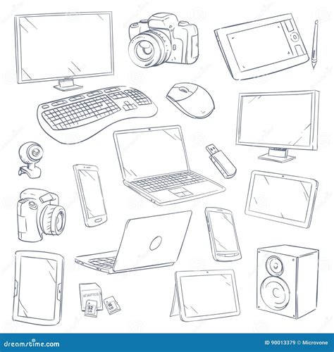 Hand Drawn Sketch Computer Technology Gadgets Vector Set Stock Vector
