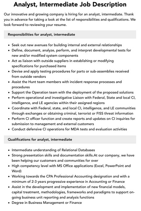 Analyst Intermediate Job Description Velvet Jobs