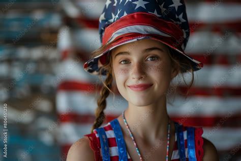 Young Majorette Dressed In The Colors Of The American Flag For