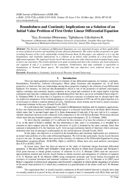Pdf Boundedness And Continuity Implications On A Solution Of An Initial Value Problem Of First